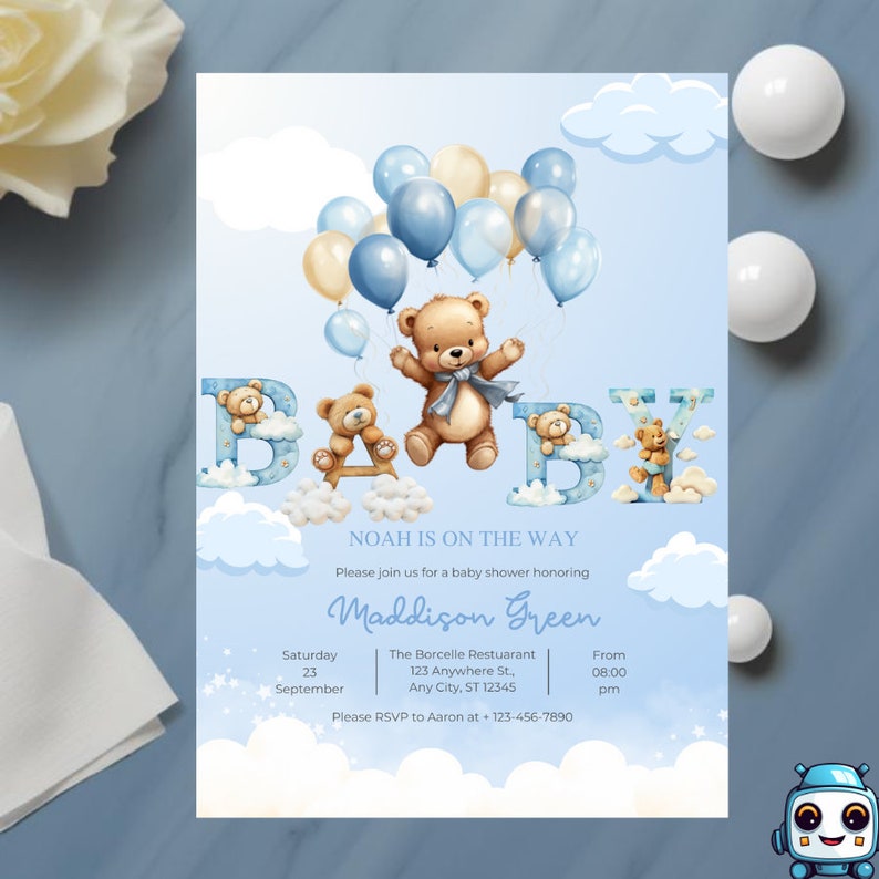 Editable Blue Baby Shower Invitation Teddy Bear Balloon Bear Theme ...