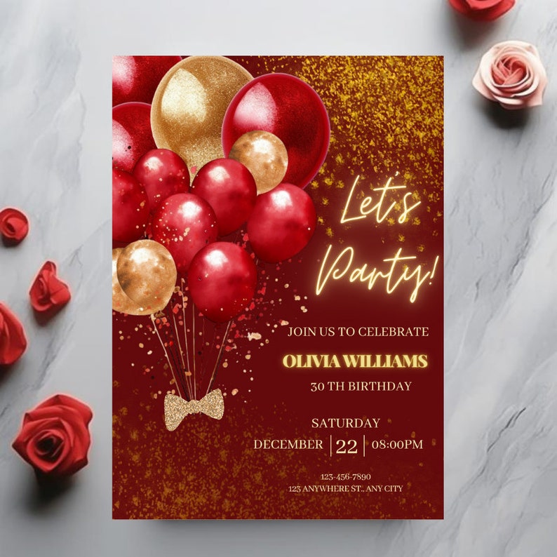 Editable Red Gold Balloons Birthday Invitation, Printable Birthday ...