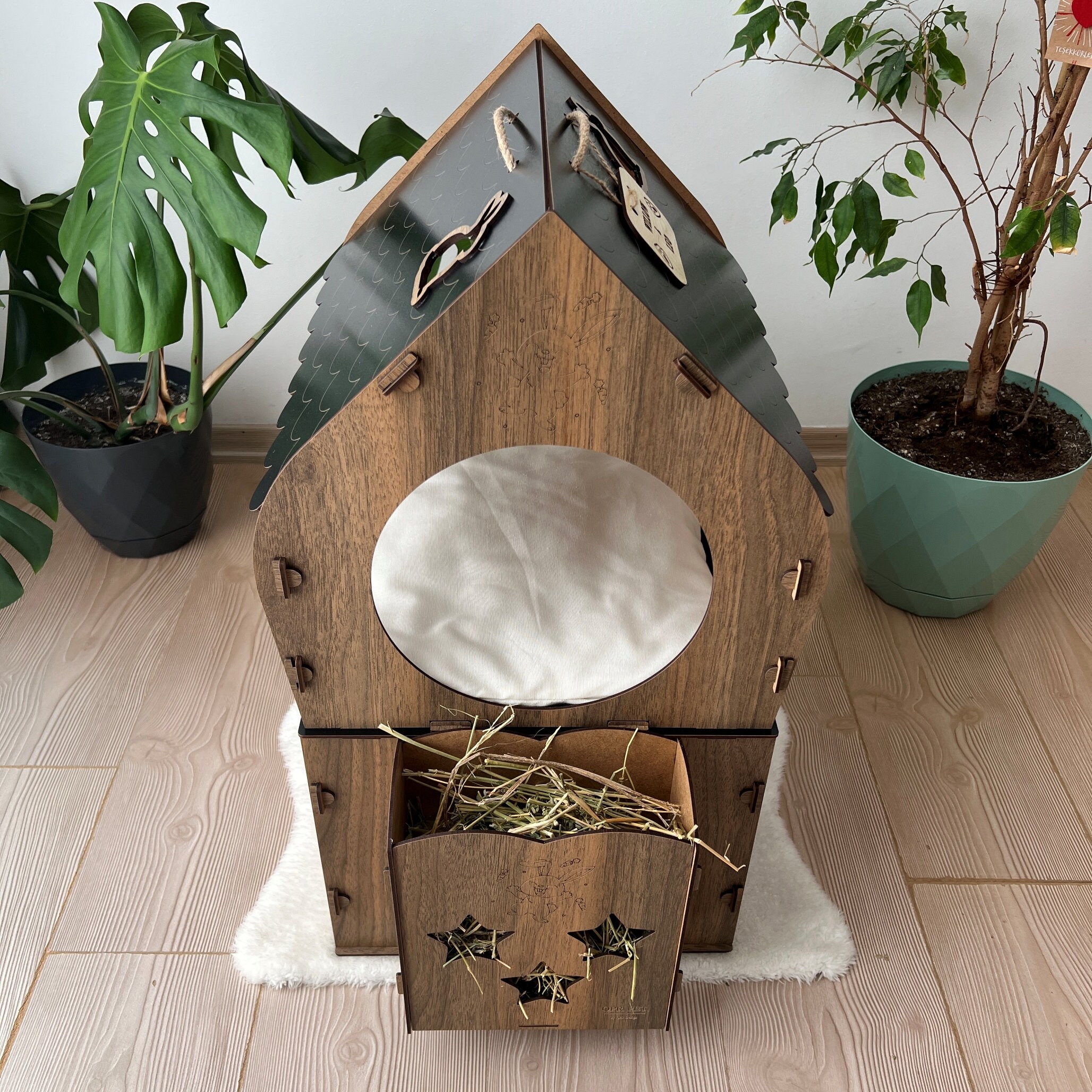 Wooden Rabbit House, Two Storey Rabbit Castle, Hay Feeder Bunny ...