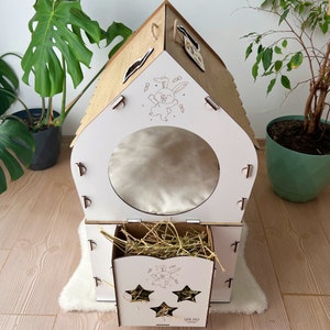 Wooden Rabbit House, Two Storey Rabbit Castle, Hay Feeder Bunny ...