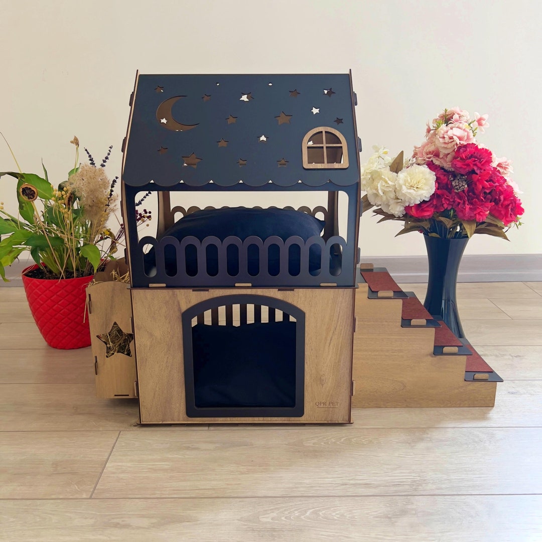 Wooden Rabbit House, Two Storey Rabbit Castle, Hay Feeder Bunny ...