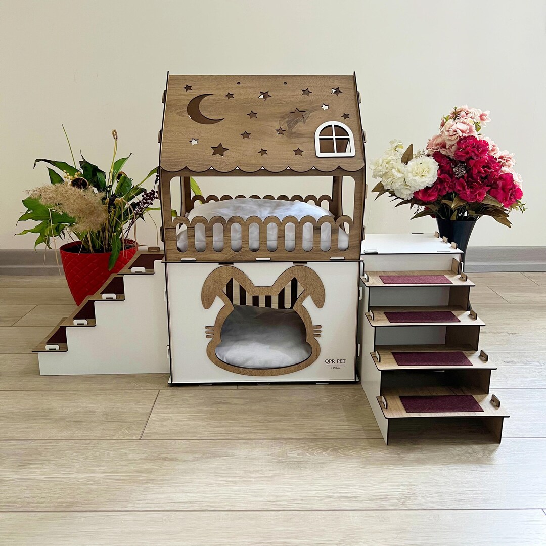 Wooden Rabbit House, Two Storey Rabbit Castle, Hay Feeder Bunny ...