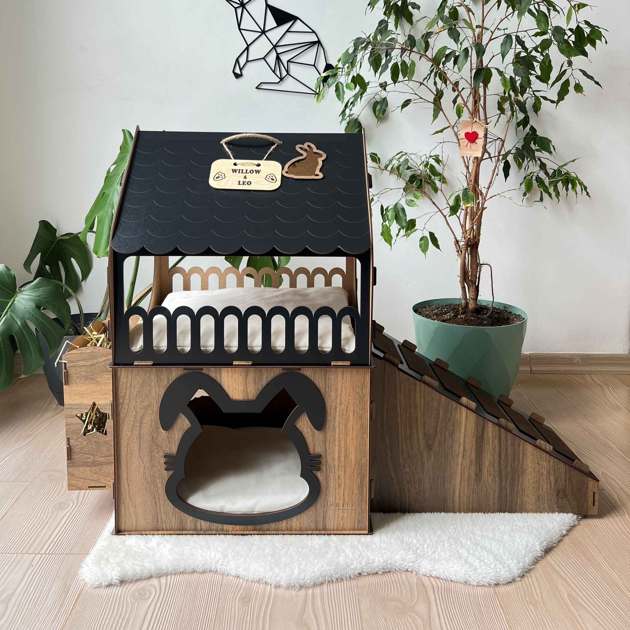 Wooden Rabbit House, Two Storey Rabbit Castle, Hay Feeder Bunny ...