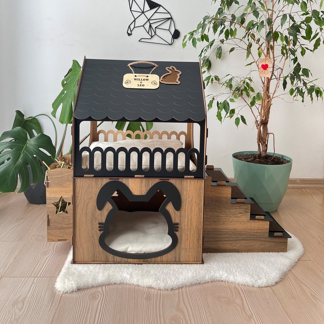 Wooden Rabbit House, Two Storey Rabbit Castle, Hay Feeder Bunny ...