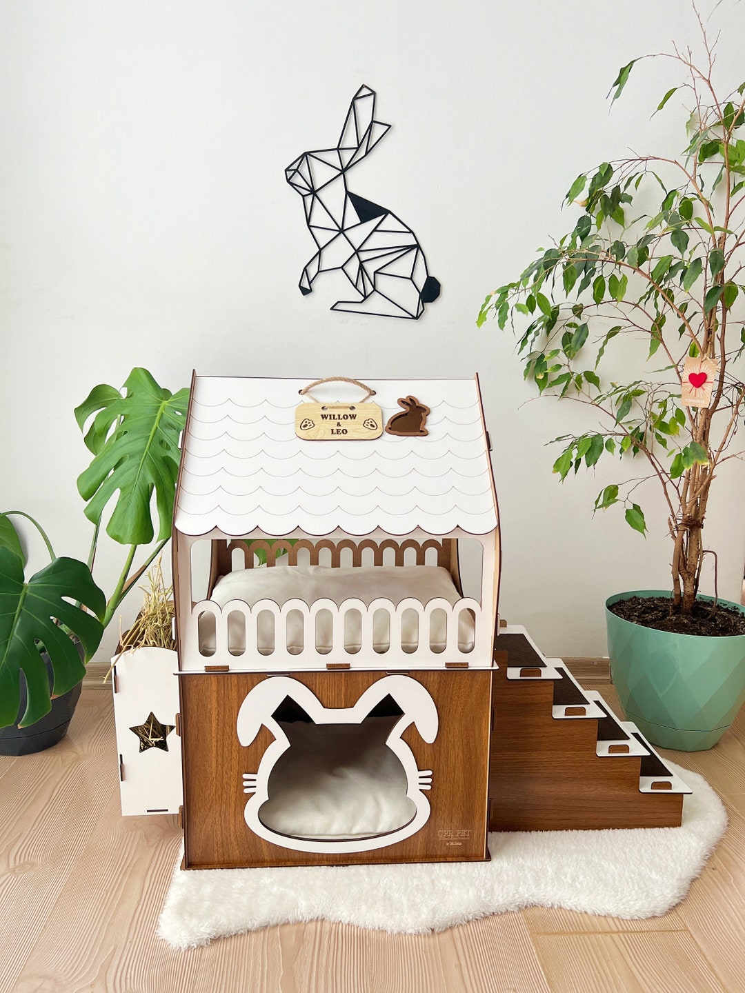 Wooden Rabbit House, Two Storey Rabbit Castle, Hay Feeder Bunny ...