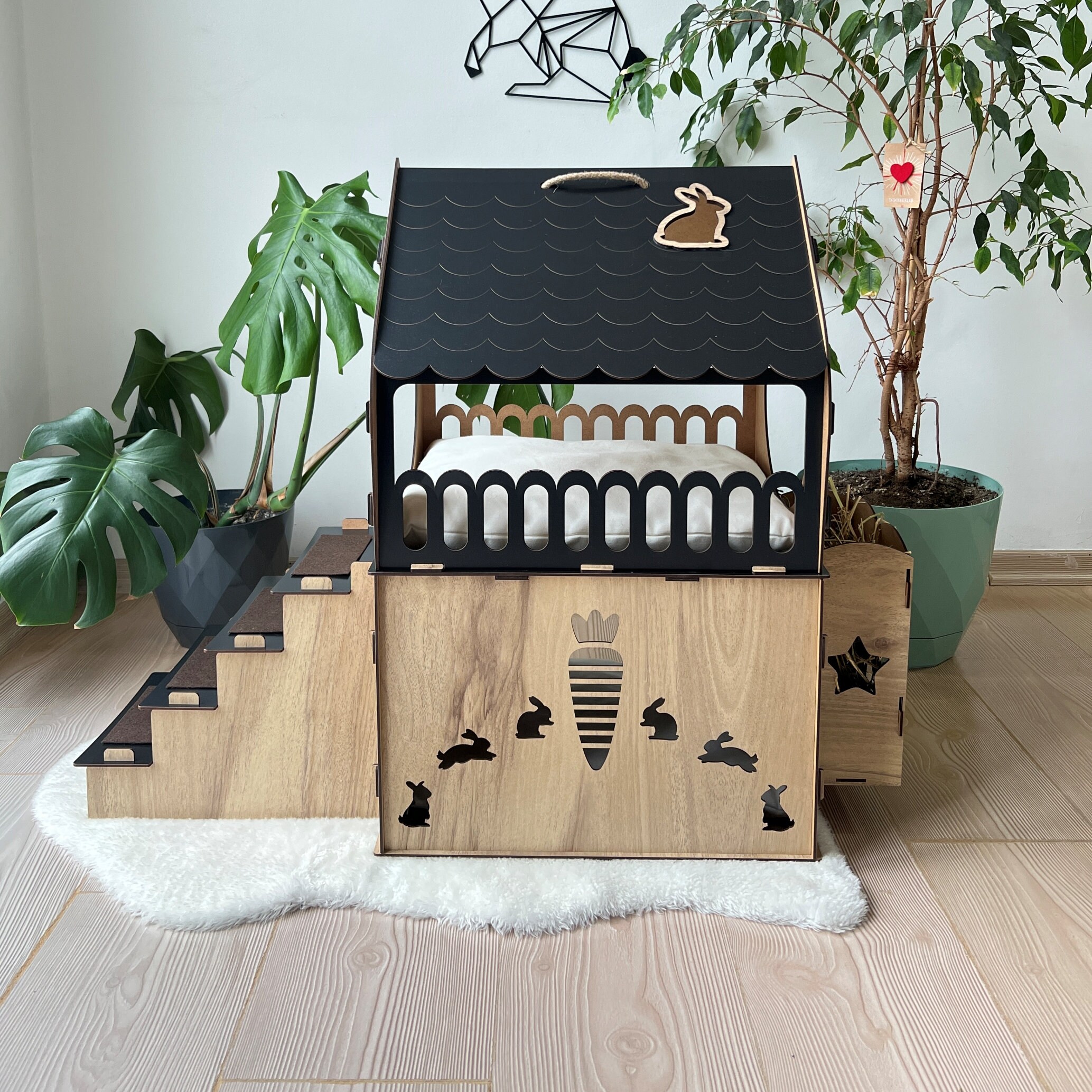 Wooden Rabbit House, Two Storey Rabbit Castle, Hay Feeder Bunny ...