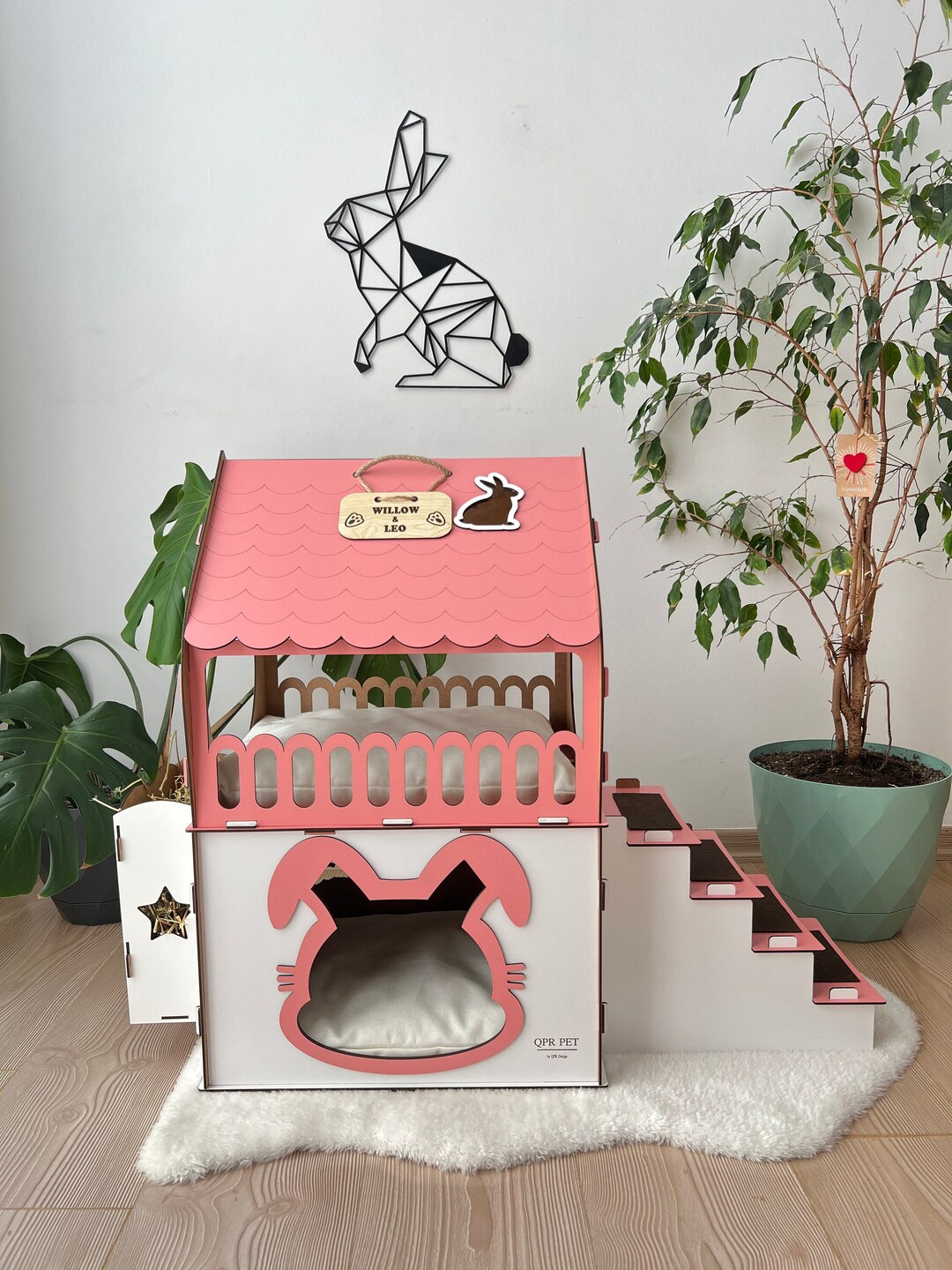 Wooden Rabbit House, Two Storey Rabbit Castle, Hay Feeder Bunny ...