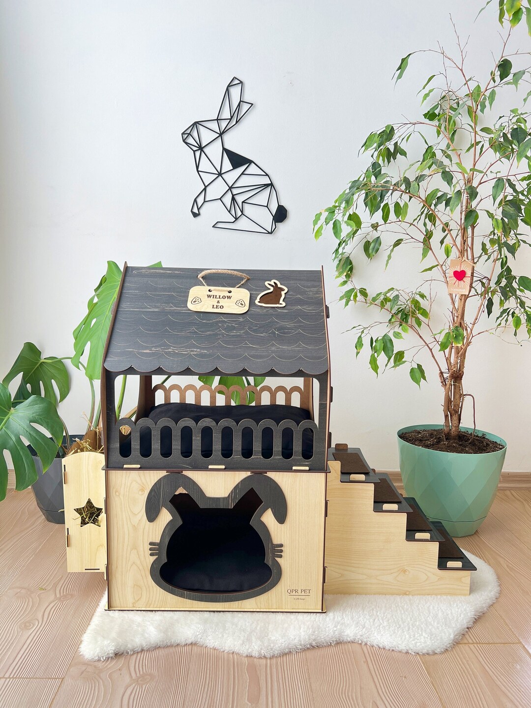 Wooden Rabbit House, Two Storey Rabbit Castle, Hay Feeder Bunny ...