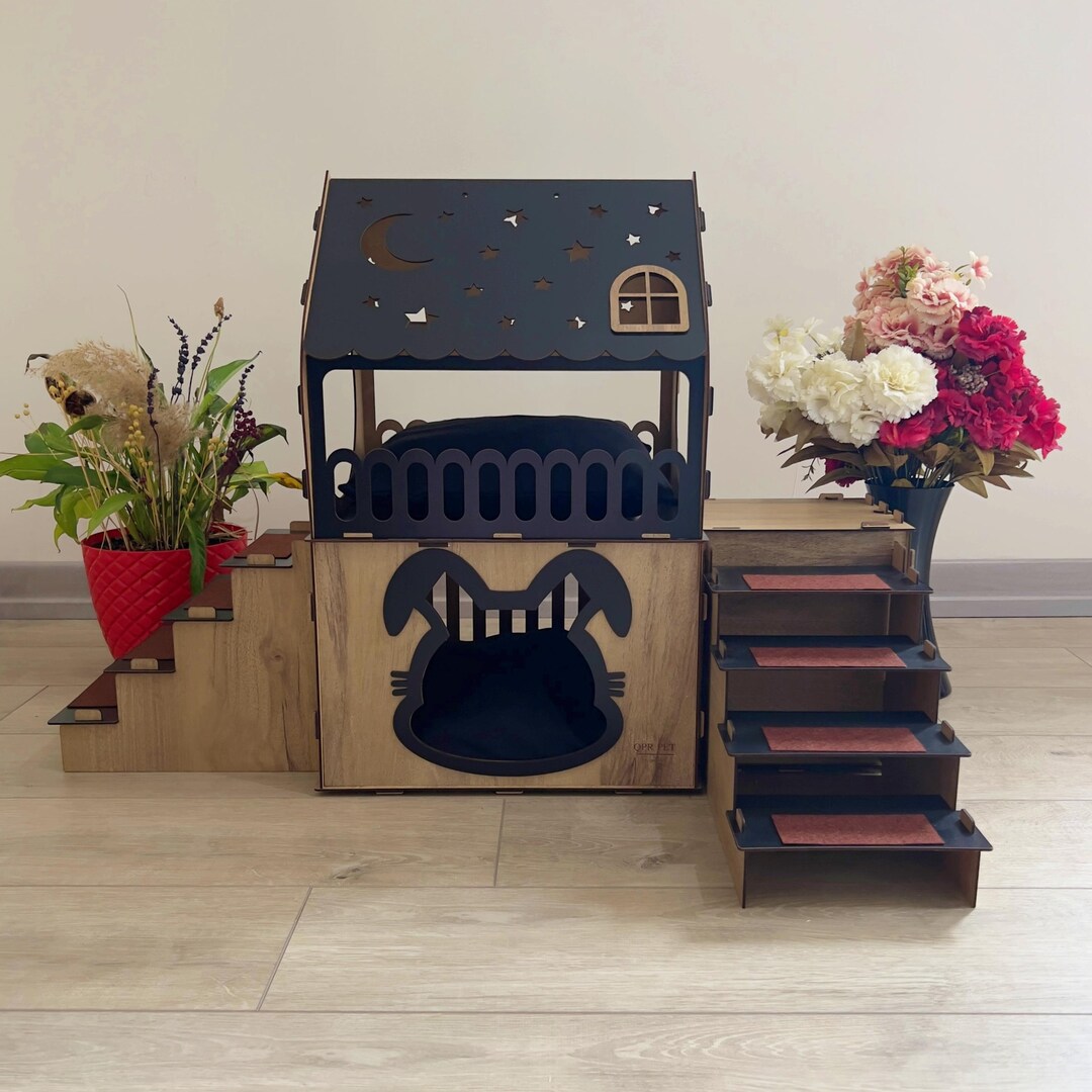 Wooden Rabbit House, Two Storey Rabbit Castle, Hay Feeder Bunny ...