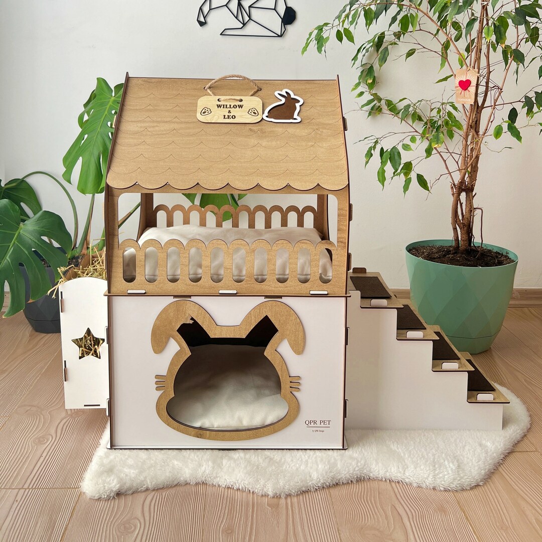 Wooden Rabbit House, Two Storey Rabbit Castle, Hay Feeder Bunny ...