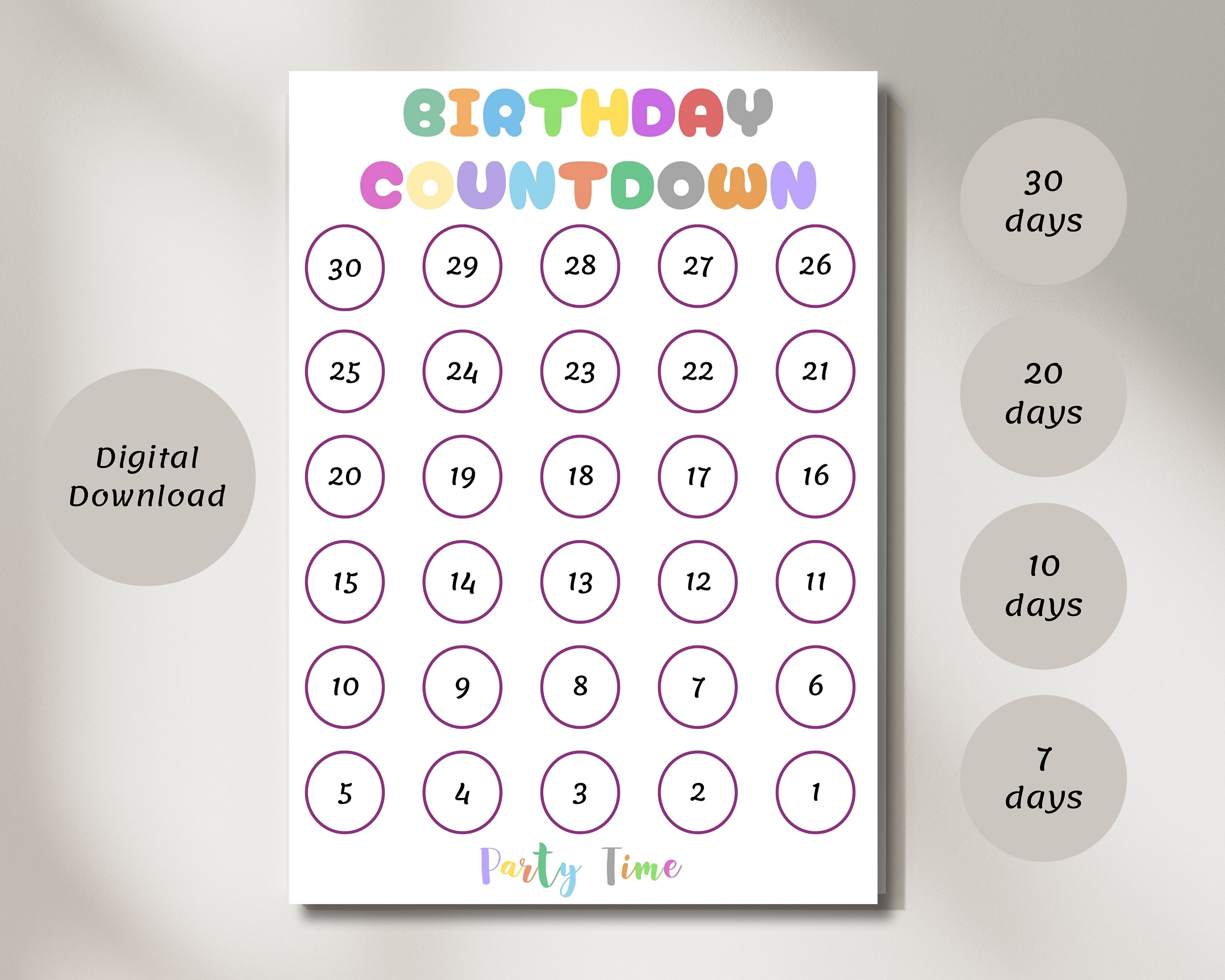 Birthday Countdown Printable Template, Kids Bday Countdown, Rainbow ...