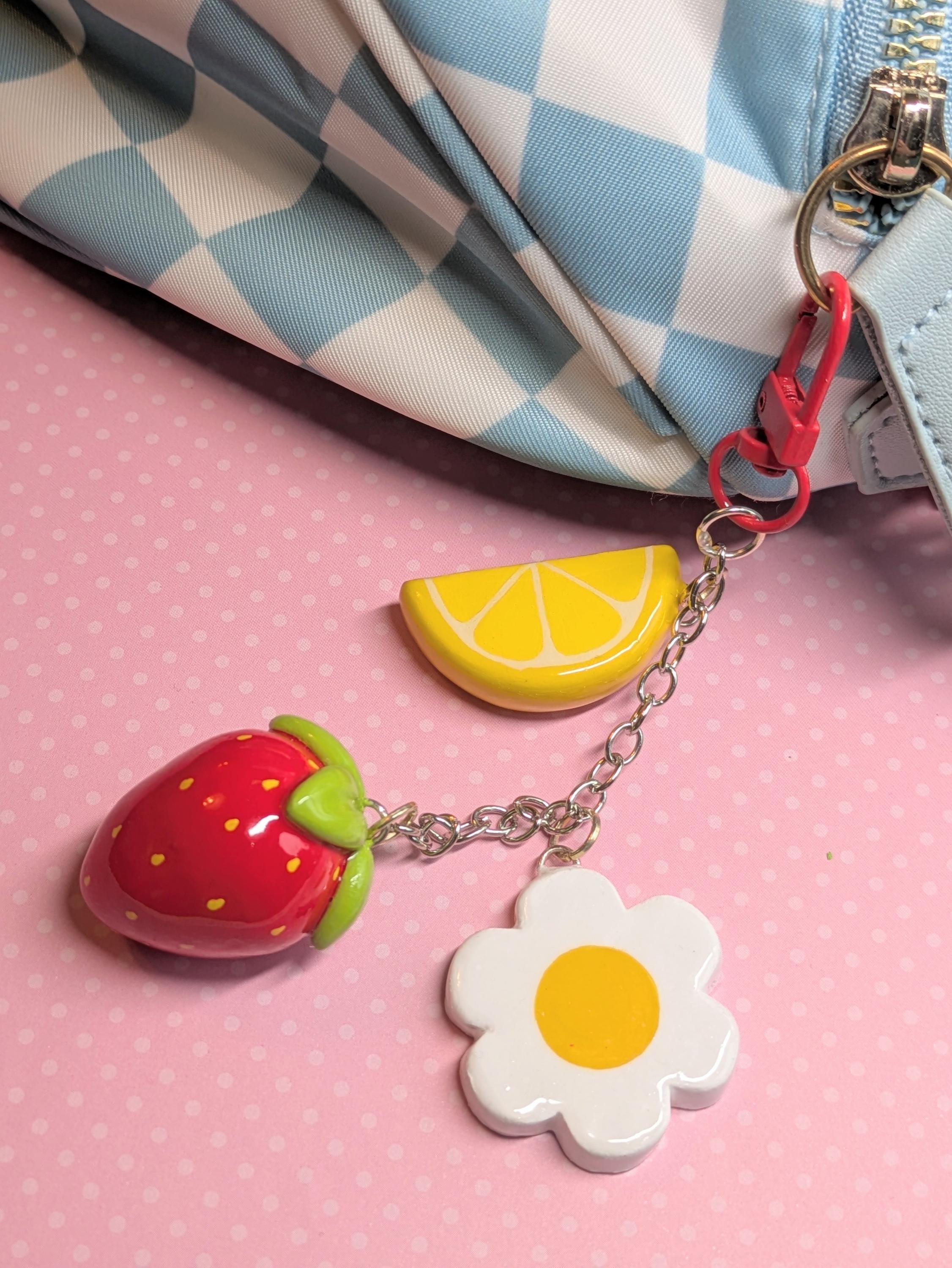 Strawberry Bag Charm, Strawberry Keychain, Fruit Charm, Daisy Keychain ...