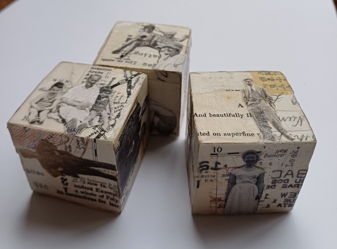 Collage Art Cubes, Collaged Wooden Blocks, Vintage Papers, Found Photos ...