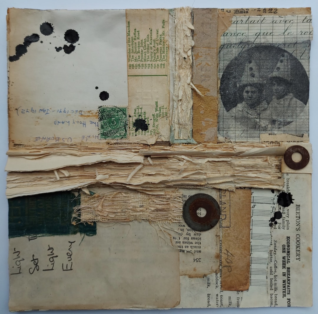 Original Handmade Collage Art, Mixed Media, Vintage Papers, 20cm Square ...