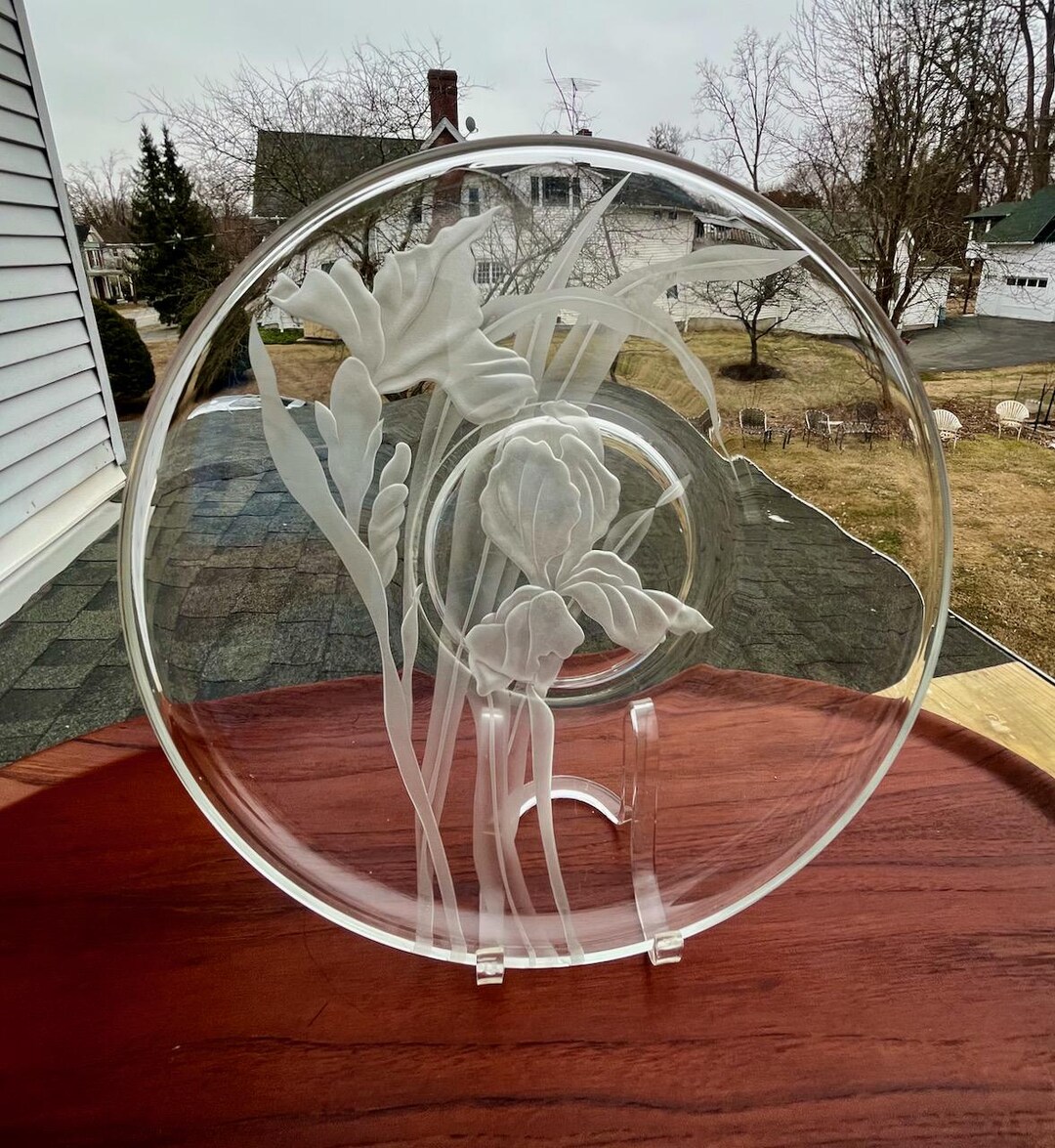 Dorothy Thorpe Glass Iris Irises Platter, XL Oversized, Etched Glass ...