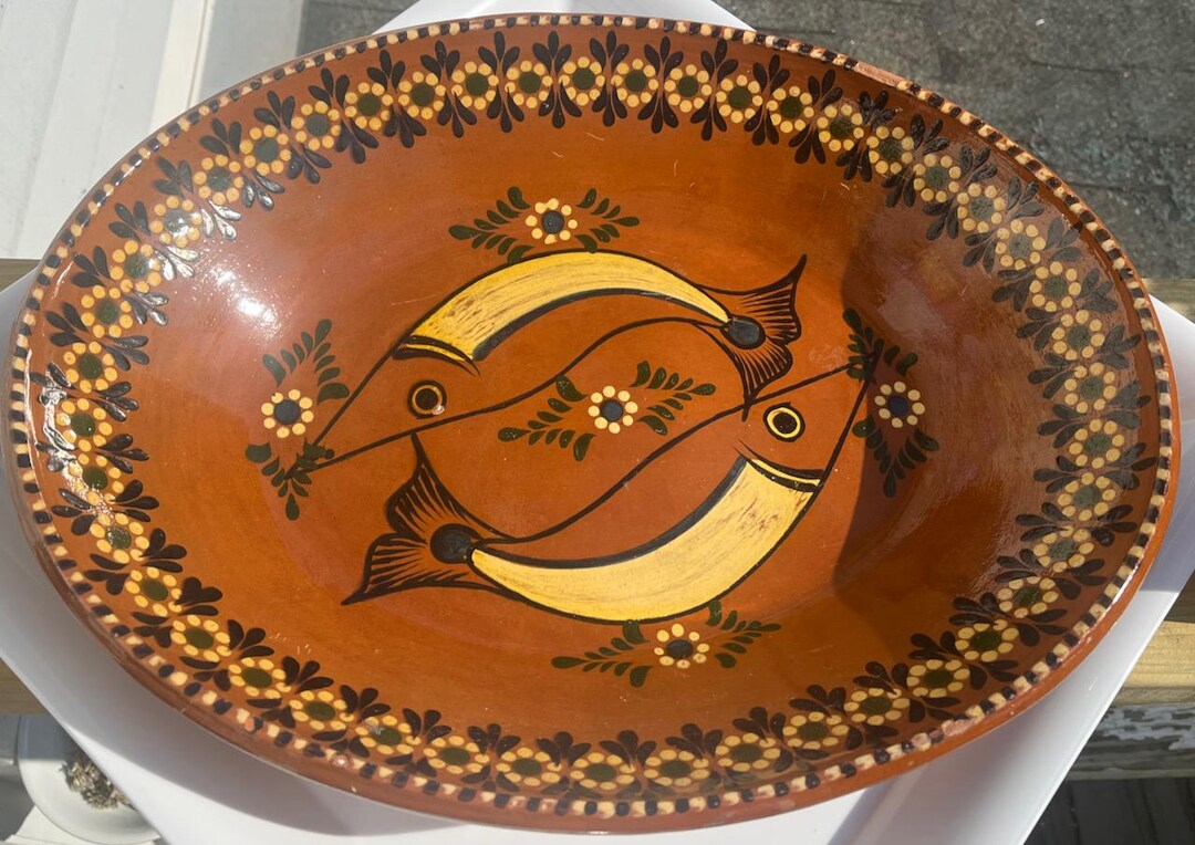 VTG Redware Platter, Redware Art Pottery, LARGE Oval Slipware Serving ...