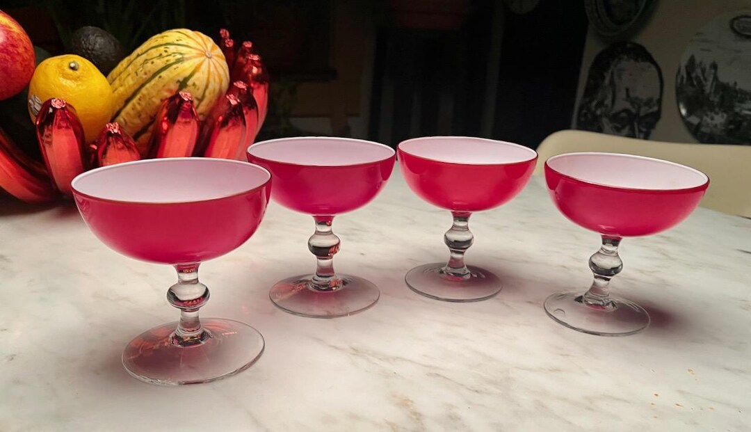 4 Carlo Moretti Red Cased Coupe Glasses, Red Cased Glass White Interior ...