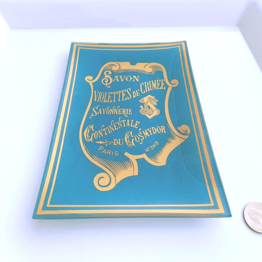 Vintage Glass French Soap Tray,john Derian? Blue Gold Curved Edges ...