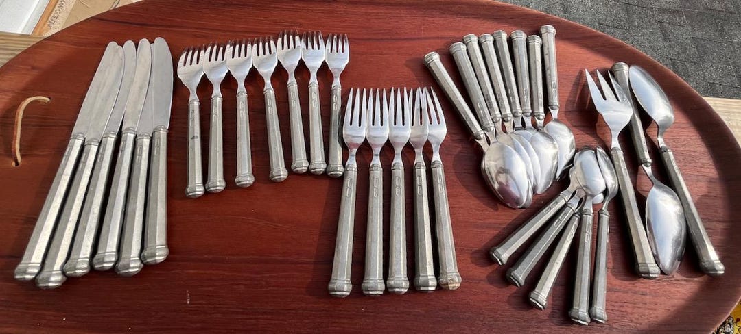 Vintage Gorham Flatware Set 34 Pieces OCTETTE Pattern Pewter Stainless ...