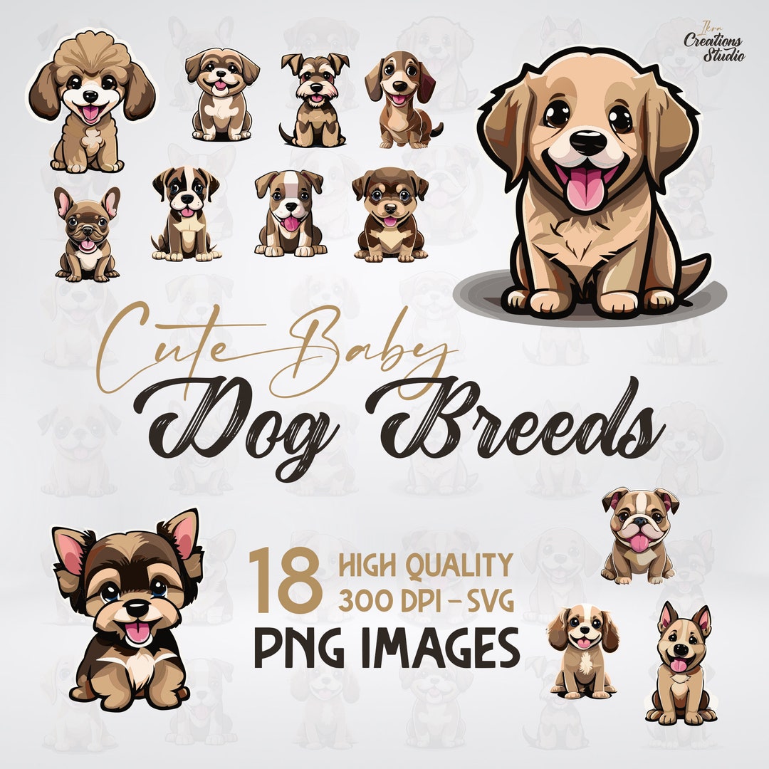 Cute Baby Dog Breeds PNG & SVG Bundle, 18 High-quality 300DPI Images ...