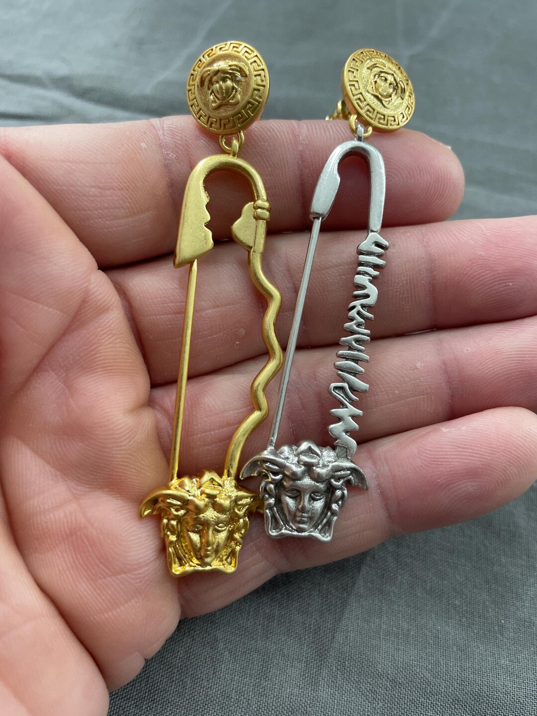 Vintage Versace Gold & Silver Sadety Pin Dangle Earrings With Box - Etsy