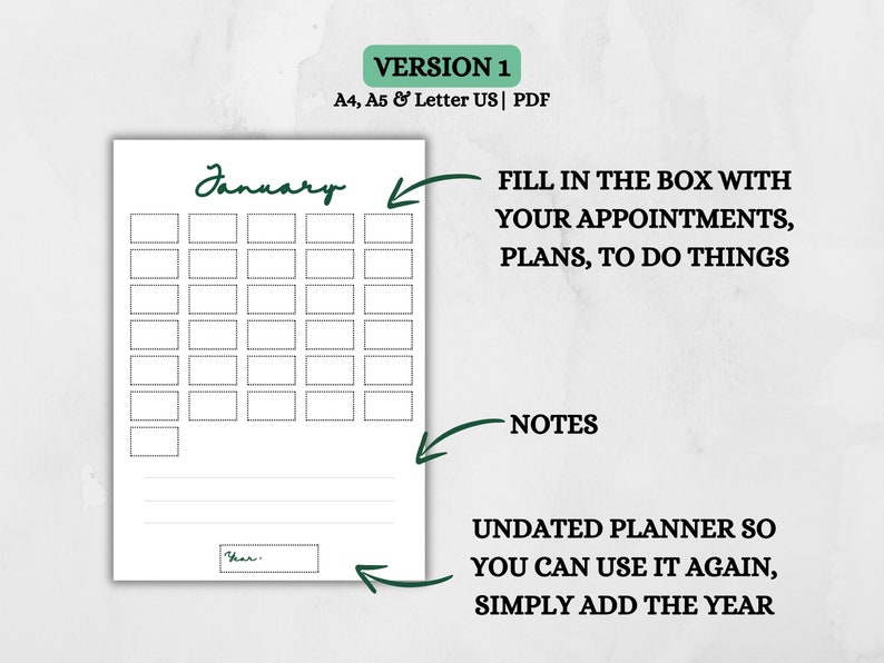 Undated Calendar, Printable Calendar, Monthly Planner, Monthly Calendar ...