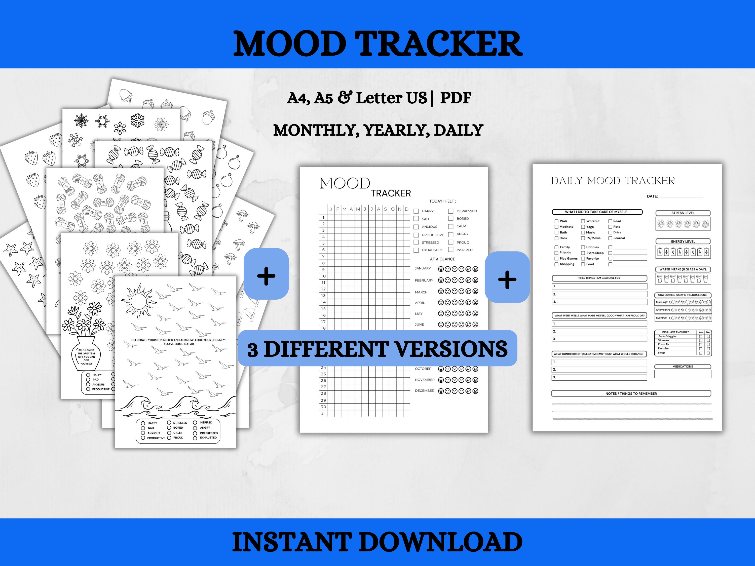 Mood Tracker Printable Kit, Monthly Mood Log, Mood Track Bullet Journal ...