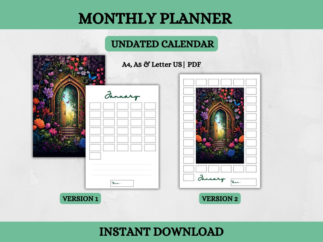 Undated Calendar, Printable Calendar, Monthly Planner, Monthly Calendar ...