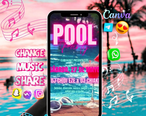 Girls Pool Party Text Invite, Canva Template, Pool Birthday Evite ...