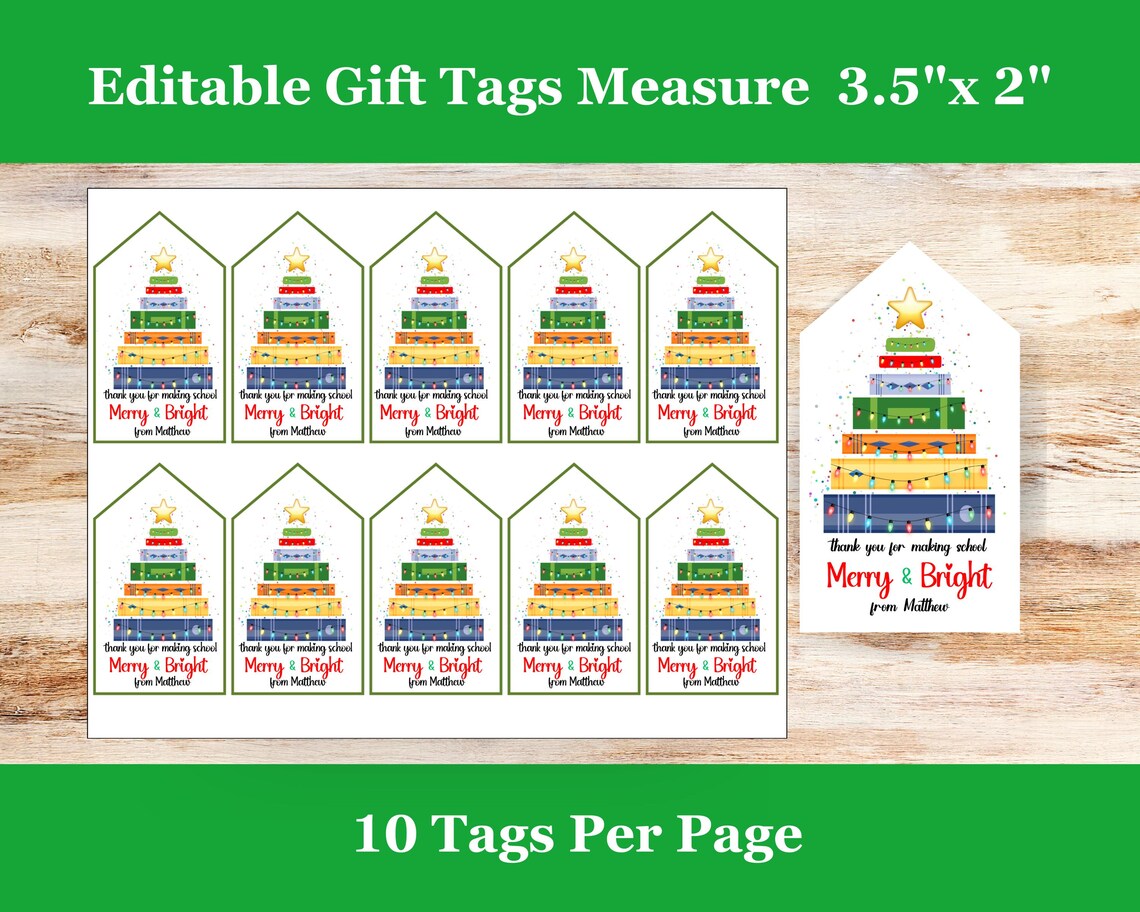 Christmas Teacher Gift Tag, Merry & Bright Book Tree (canva Template ...