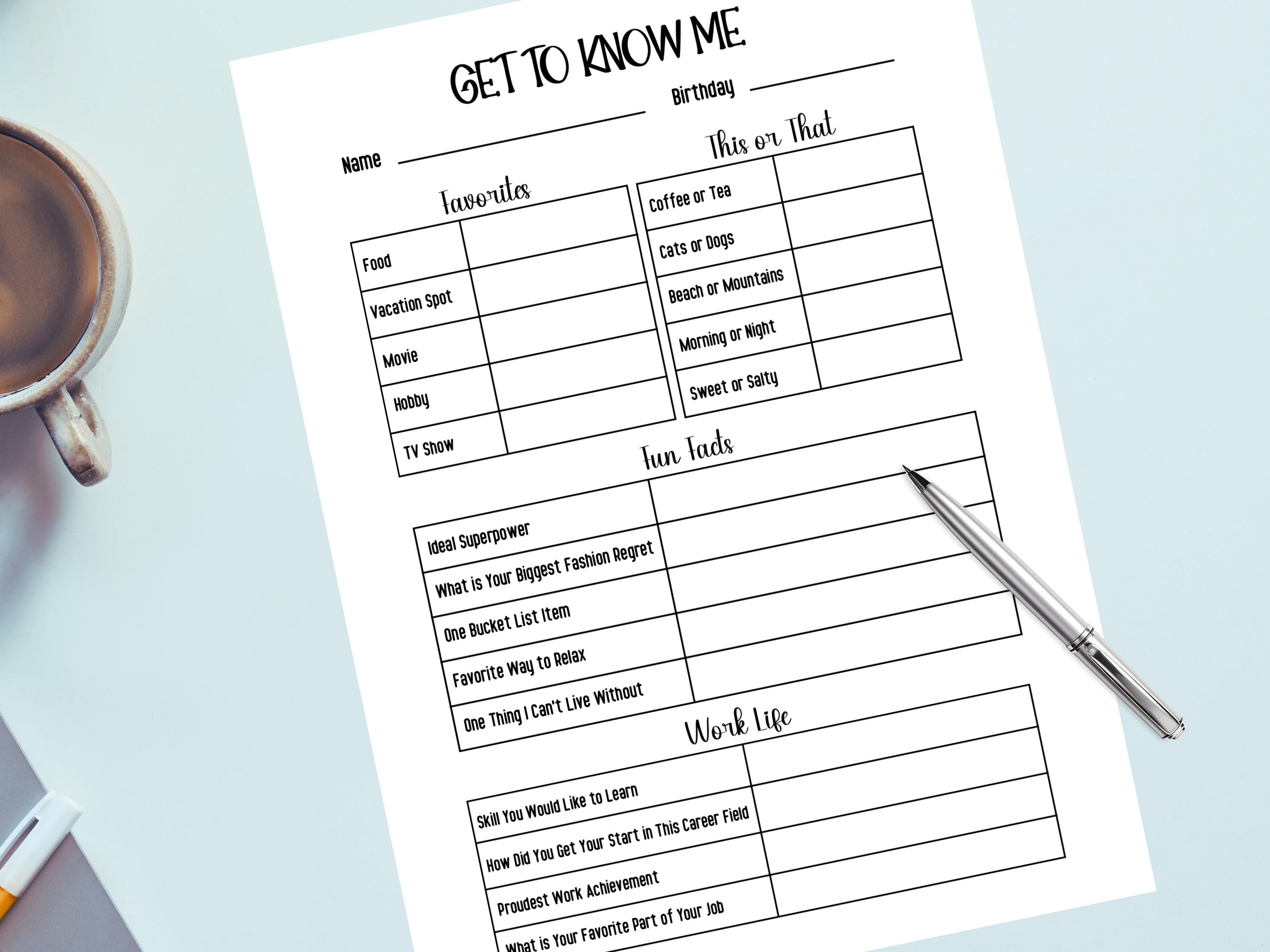 Get to Know Me Questionnaire, Favorite Things, Team Building Get to ...