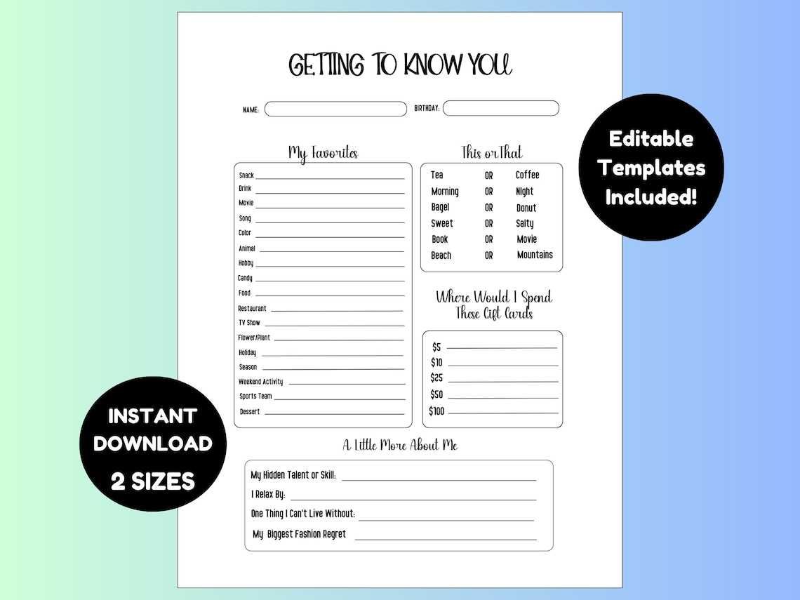 Team Bonding: Editable Getting to Know You Questionnaire & Favorite ...