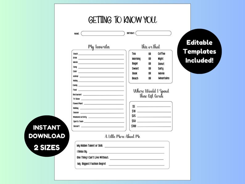 Team Bonding: Editable Getting to Know You Questionnaire & Favorite ...