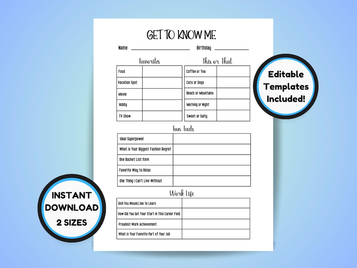 Get to Know Me Questionnaire, Favorite Things, Team Building Get to ...