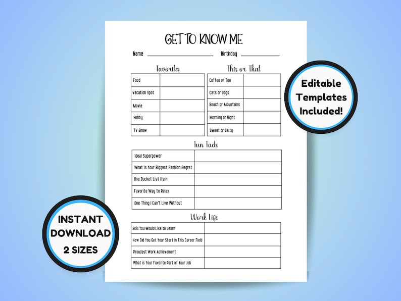 Get to Know Me Questionnaire, Favorite Things, Team Building Get to ...