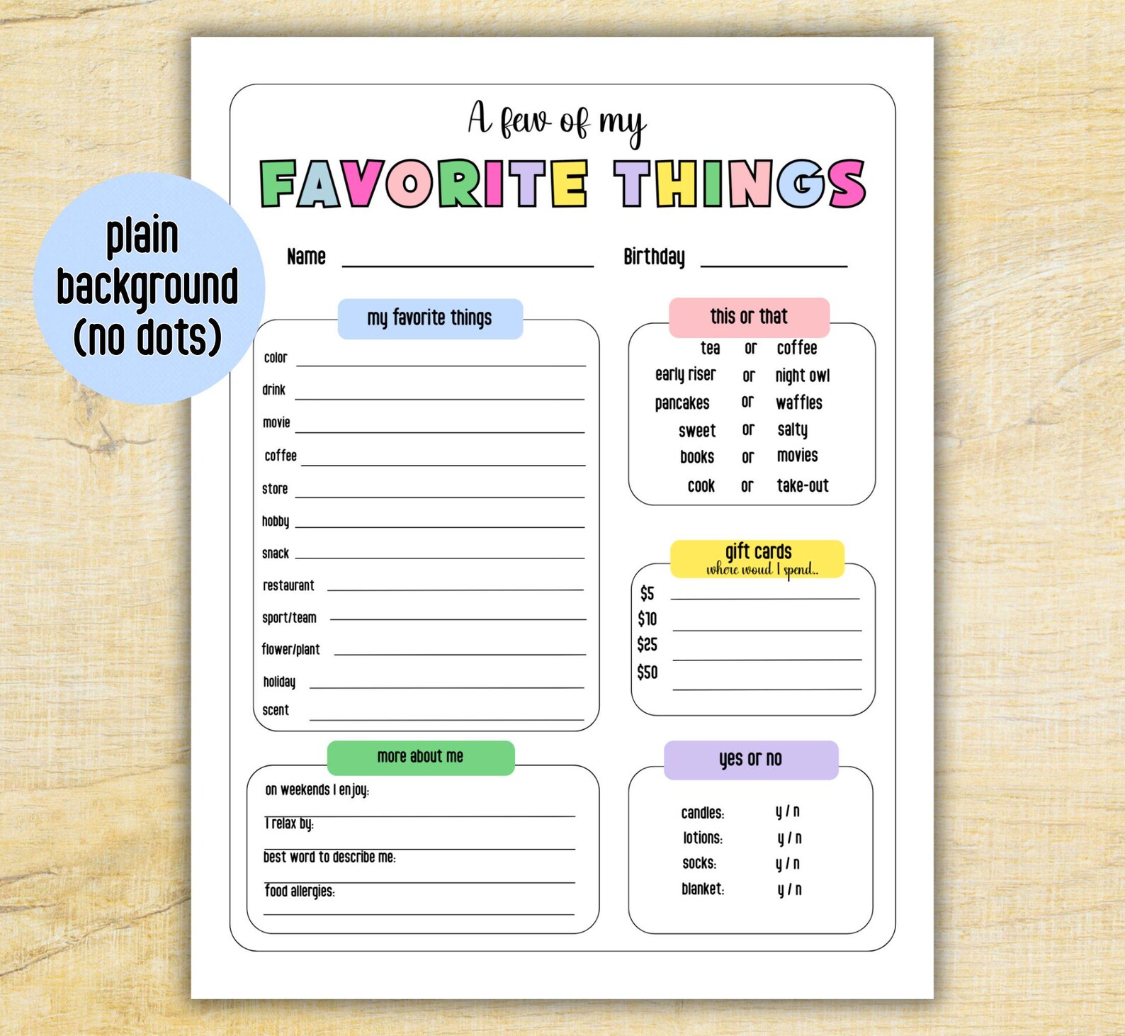 My Favorite Things Form, Get to Know Me, Printable Favorite Things List ...