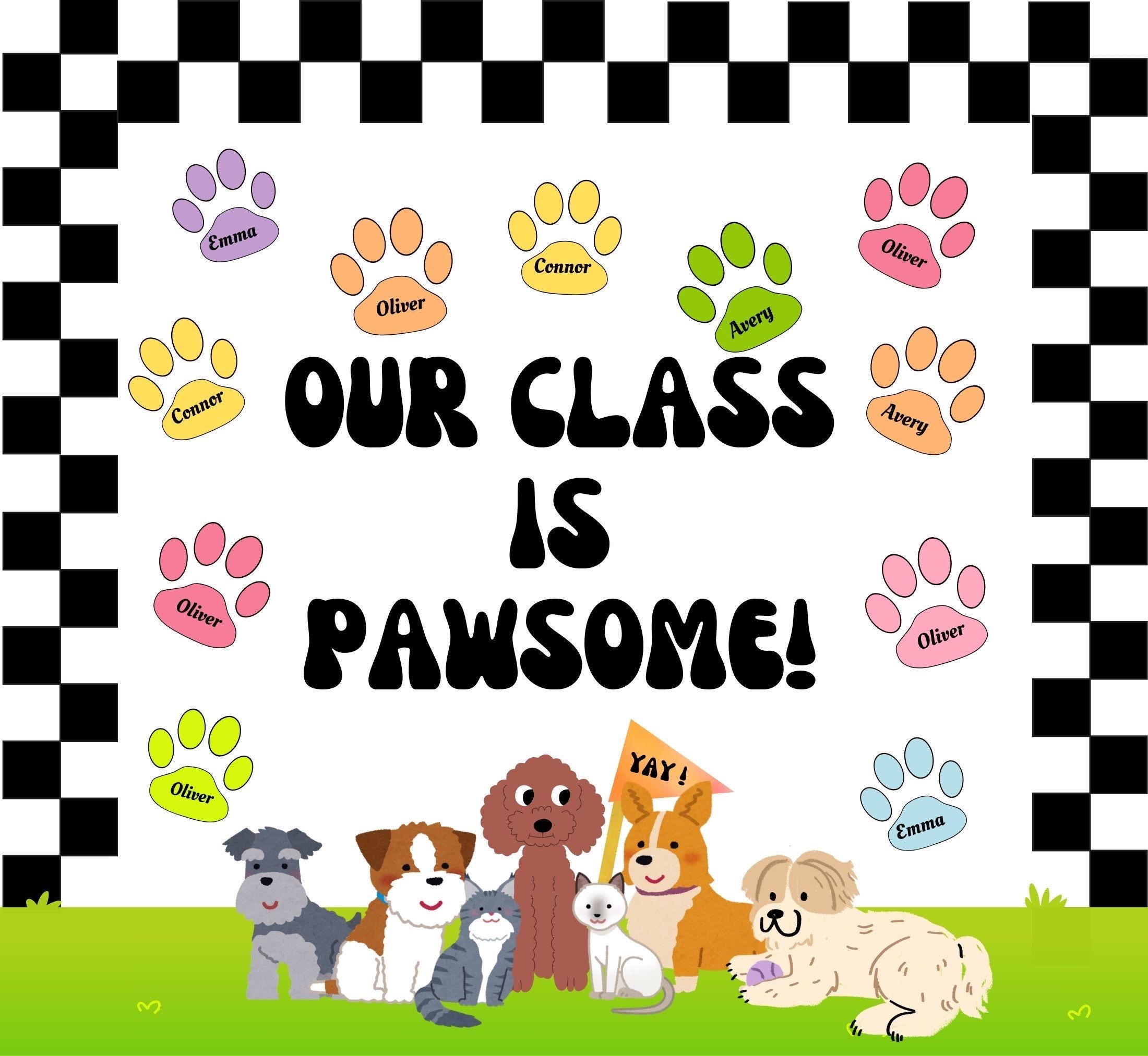 Pawsome Class Bulletin Board Kit – Retro Pups & Kittens (digital ...