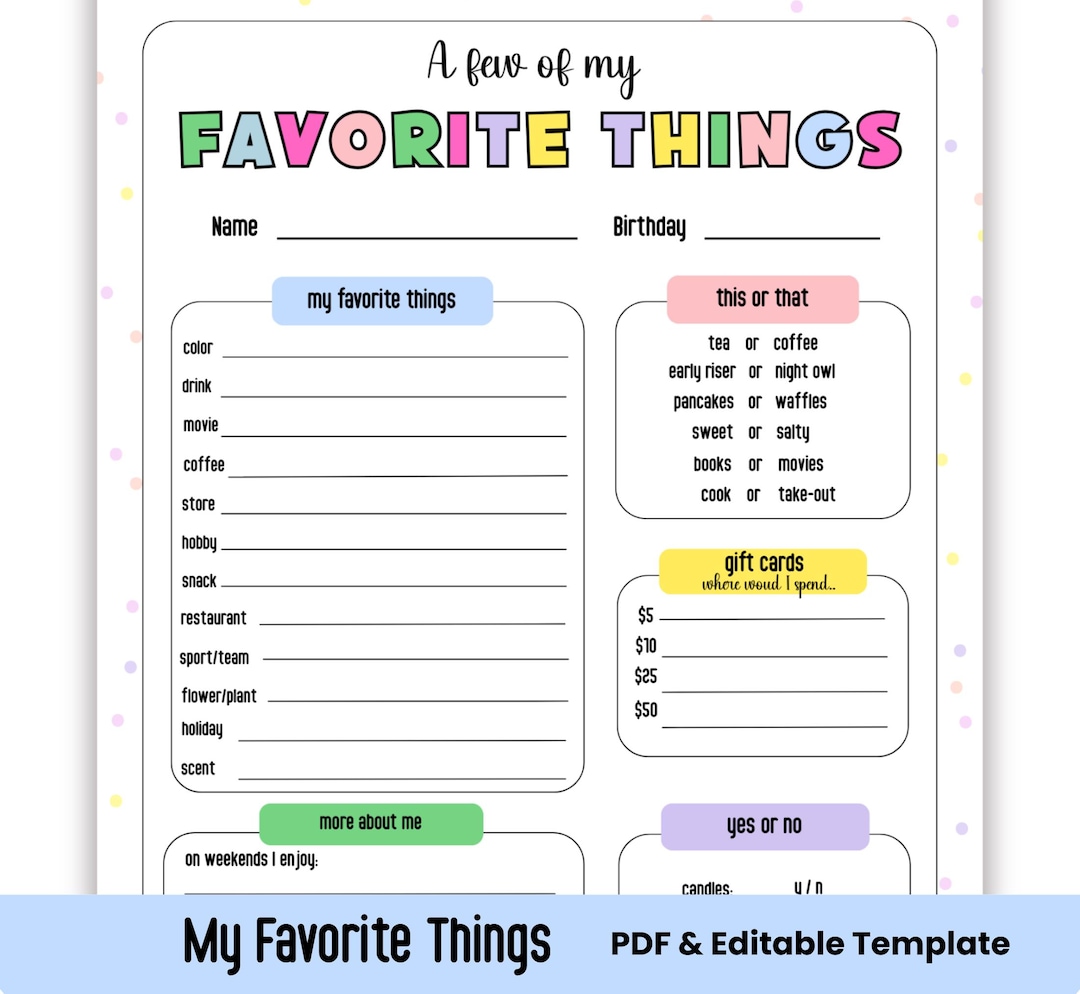 My Favorite Things Form, Get to Know Me, Printable Favorite Things List ...