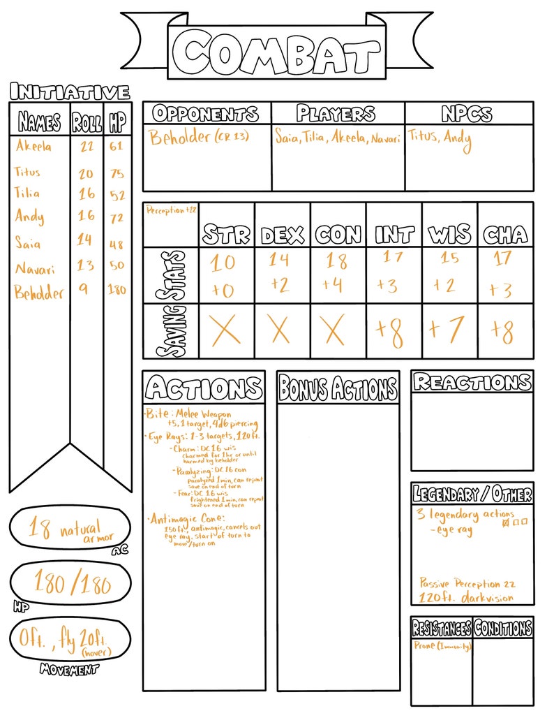 Blank Combat Tracking Sheet - Etsy