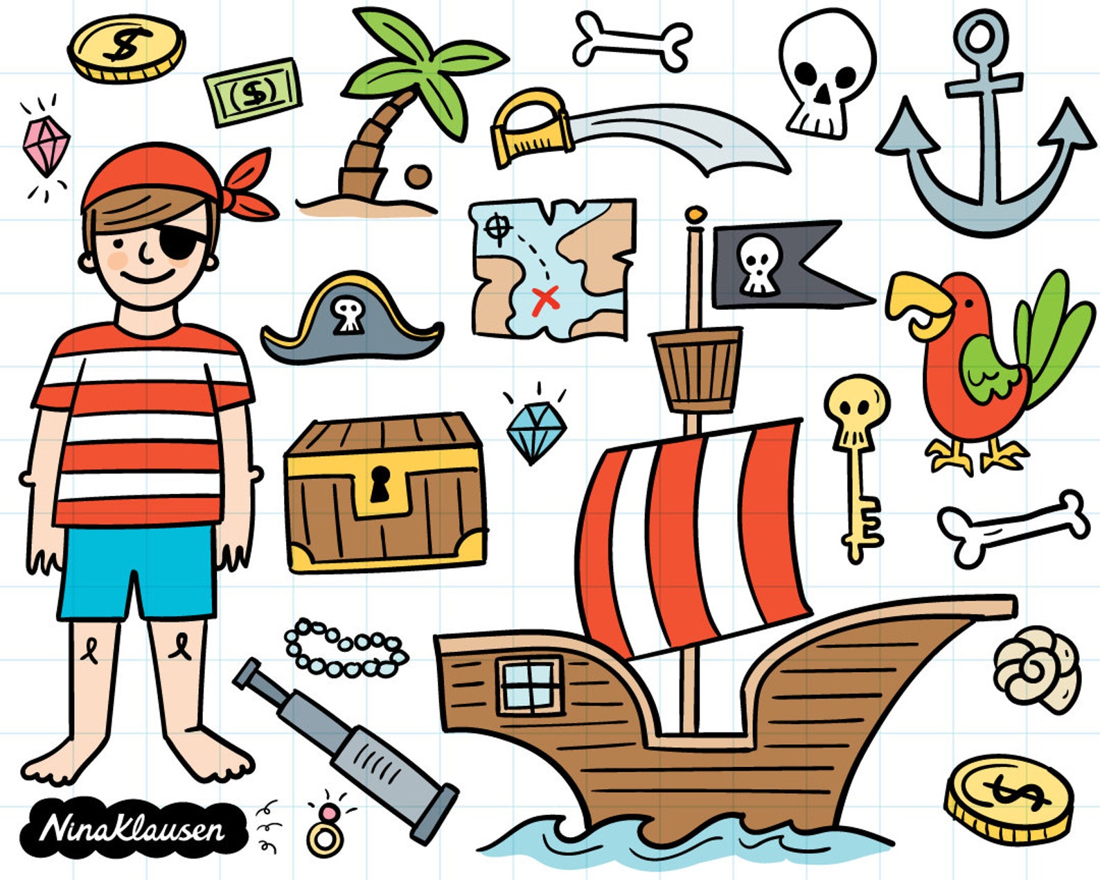Doodle Pirate Clipart Illustrations for Commercial Use 0002 - Etsy