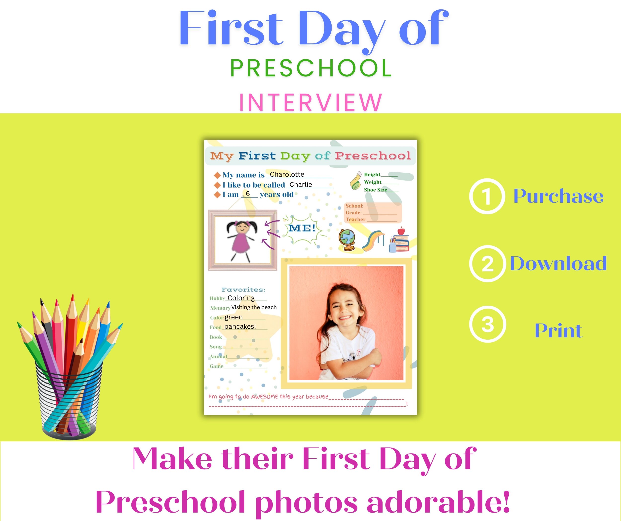 First Day of Preschool Interview, All About Me Sign, First Day of ...
