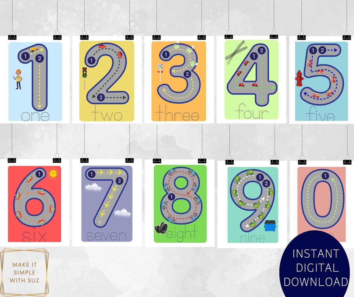 Montessori Printable Number Tracing Flashcards, Transportation Theme 0 ...