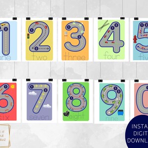 Montessori Printable Number Tracing Flashcards, Transportation Theme 0 ...