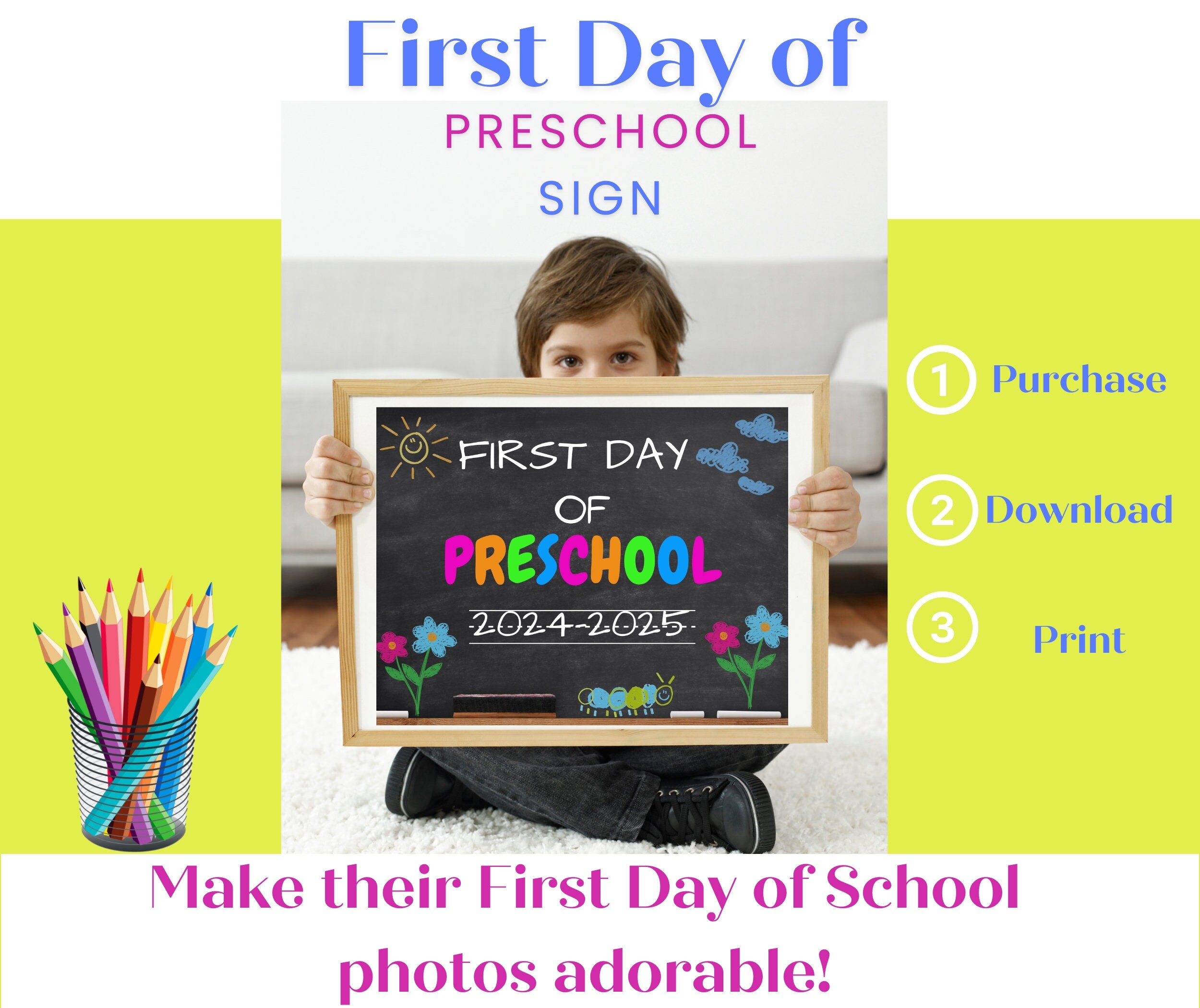 First Day of Preschool Colorful Printable Sign, First Day of Preschool ...