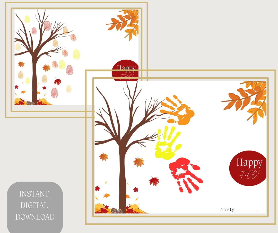 Printable Fall Tree Fingerprint Craft, Falling Leaves Handprint Art ...