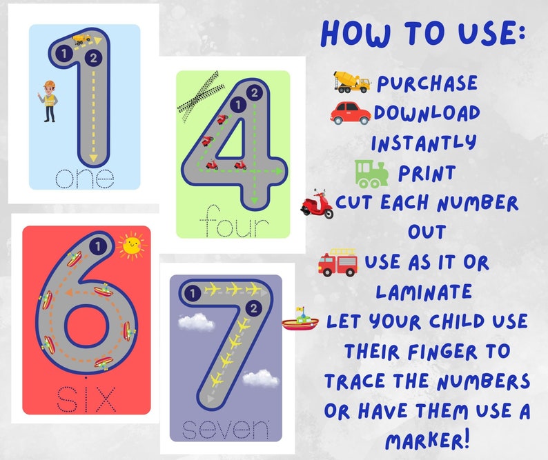 Montessori Printable Number Tracing Flashcards, Transportation Theme 0 ...