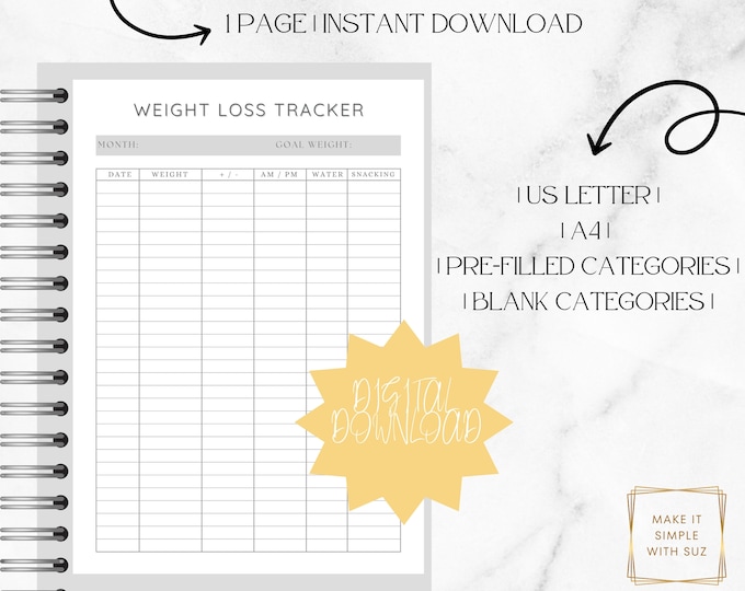 Printable Weight Loss Tracker, 52 Weeks, A4 and US Letter, Simple ...