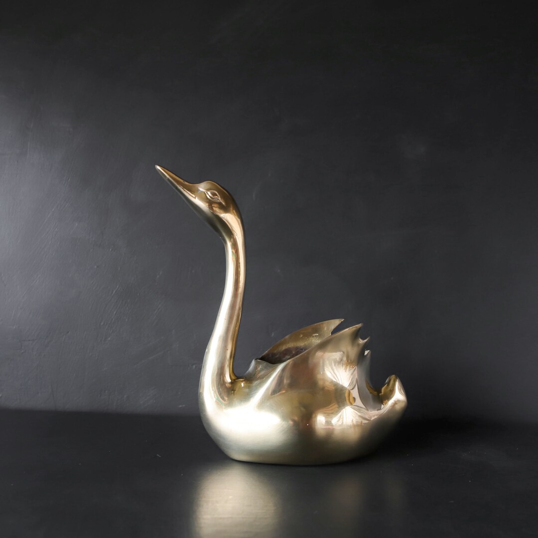 Vintage Swan Planter Pot Retro Shiny Polished Brass Cachepot Jardiniere ...