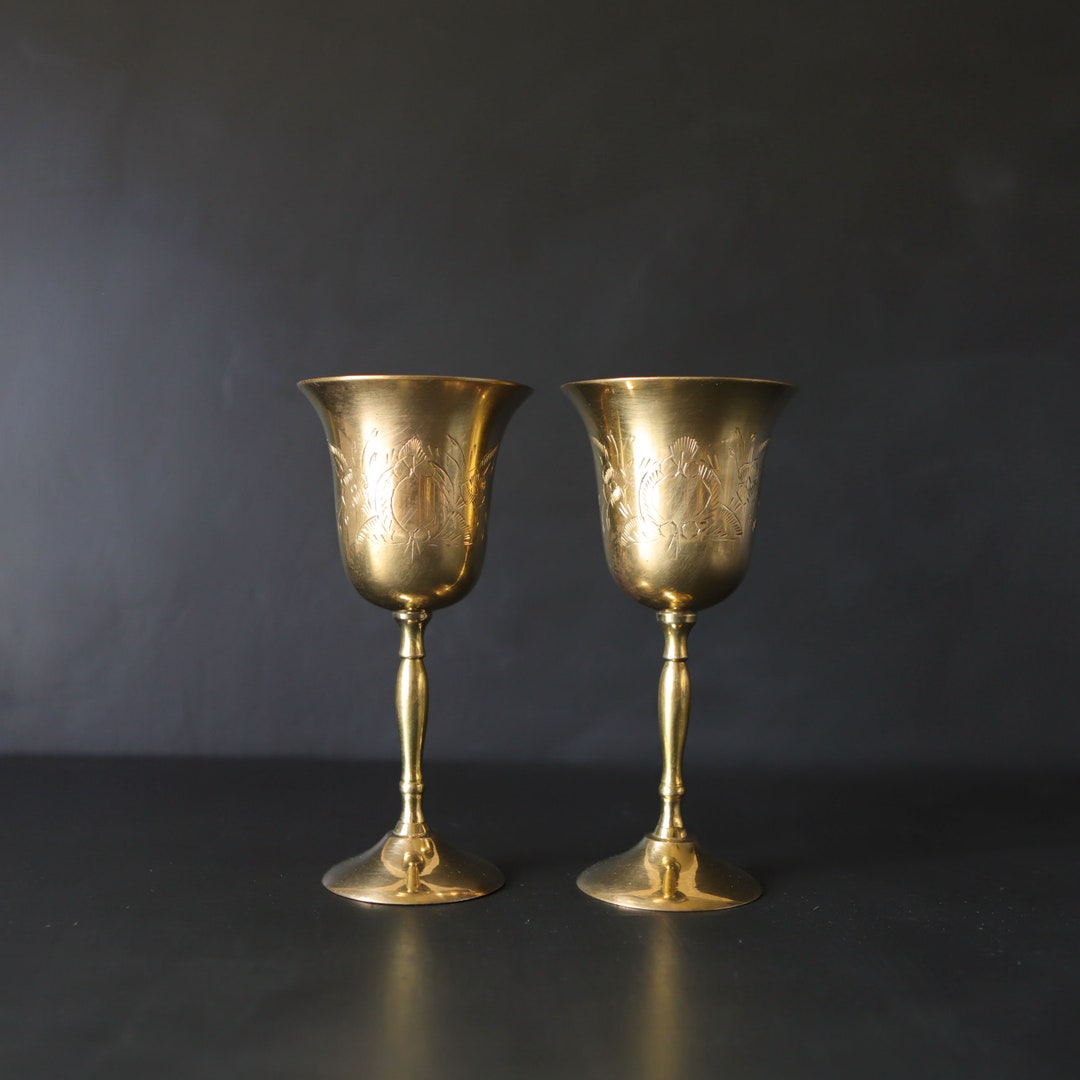 Flower Etched Brass Goblets Fancy Vintage Wine Champagne Glasses for ...
