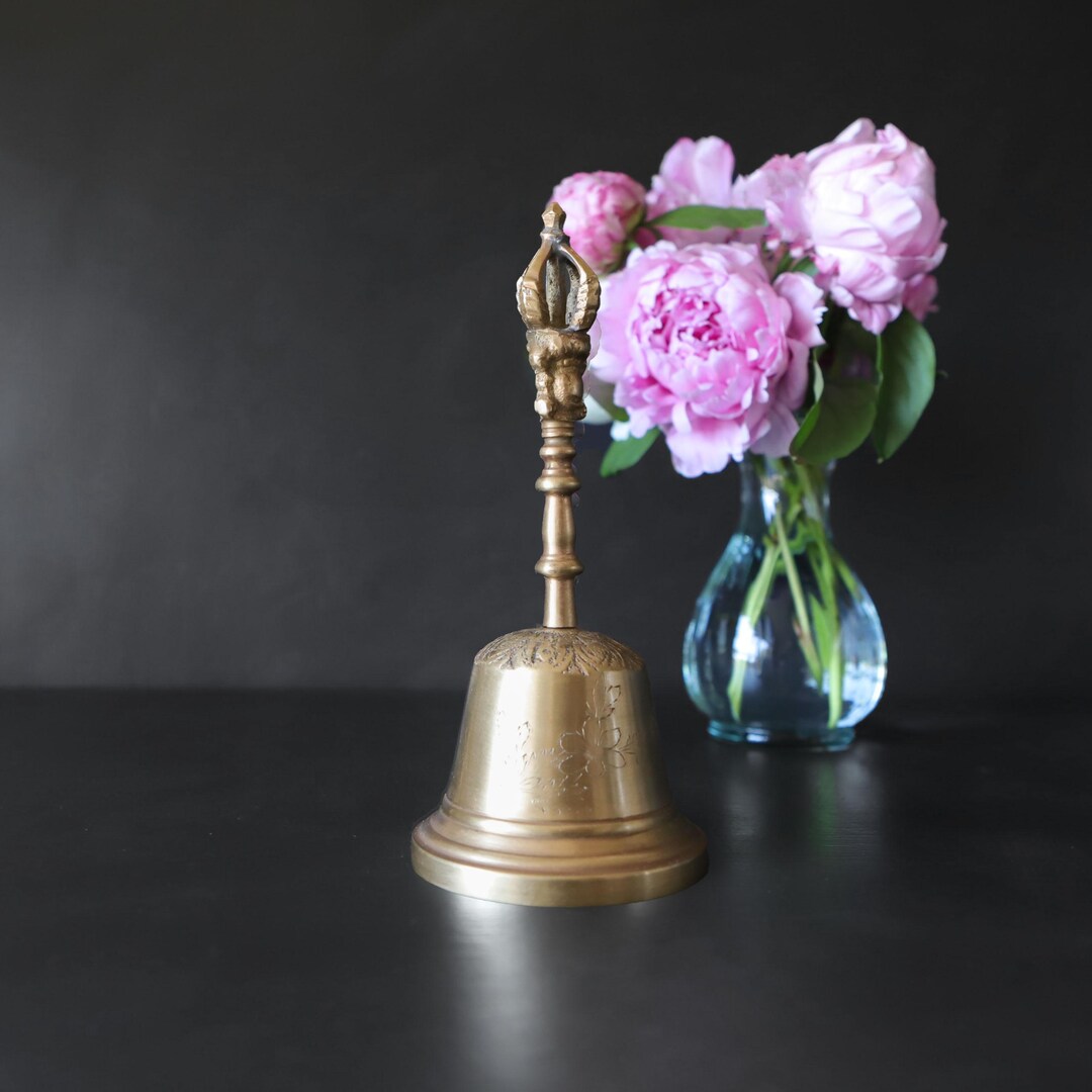 Ornate Handled Brass Bell Vintage Etched Flower Blossoms Handbell ...